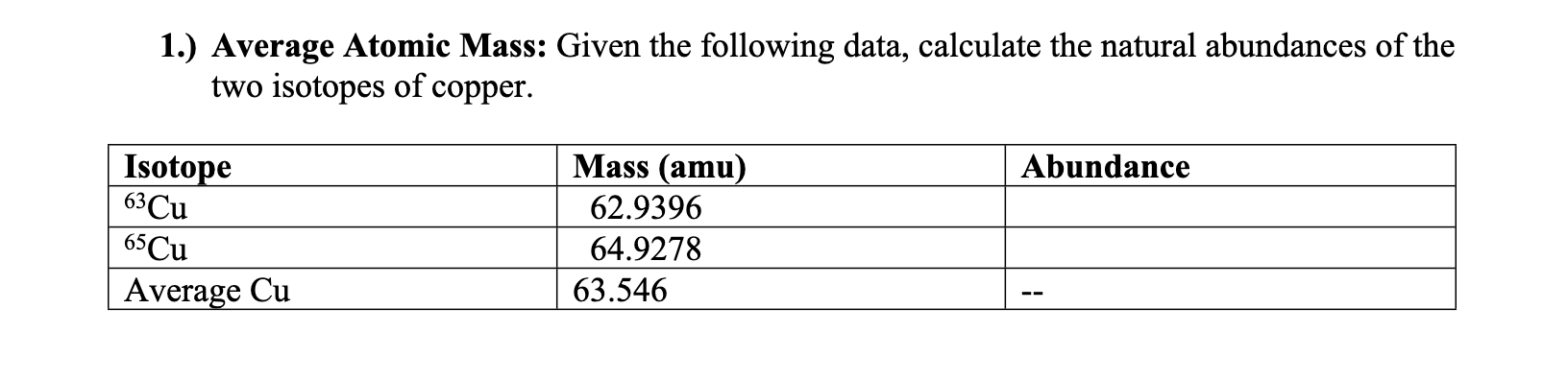 Solved 1.) Average Atomic Mass: Given the following data, | Chegg.com