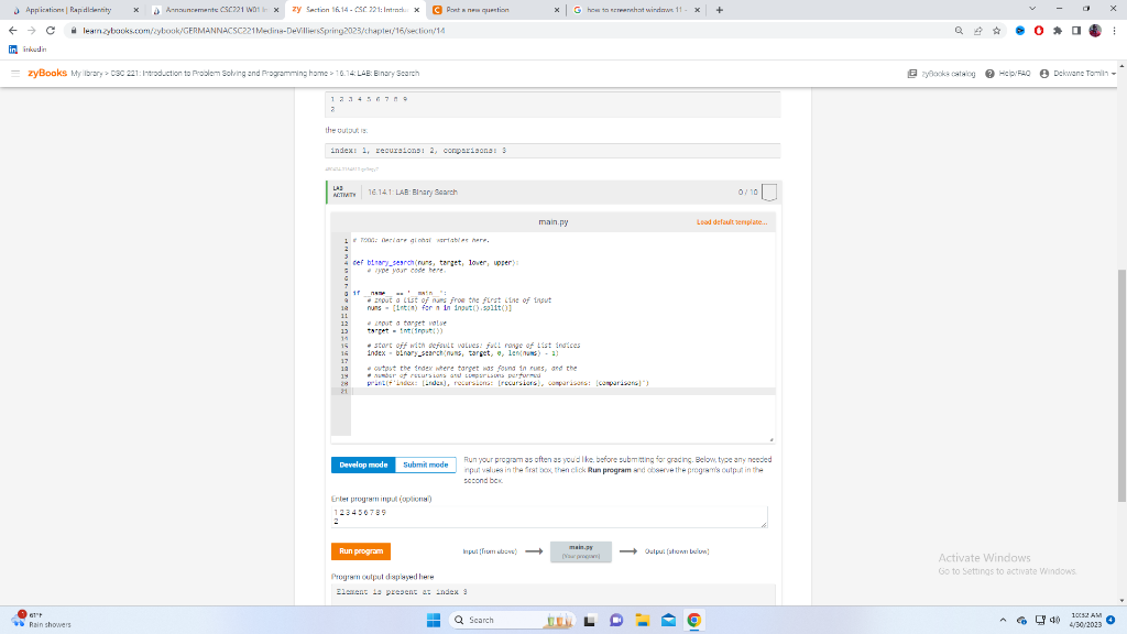 Solved 16.14 LAB: Binary Search arg-ment Complate the | Chegg.com