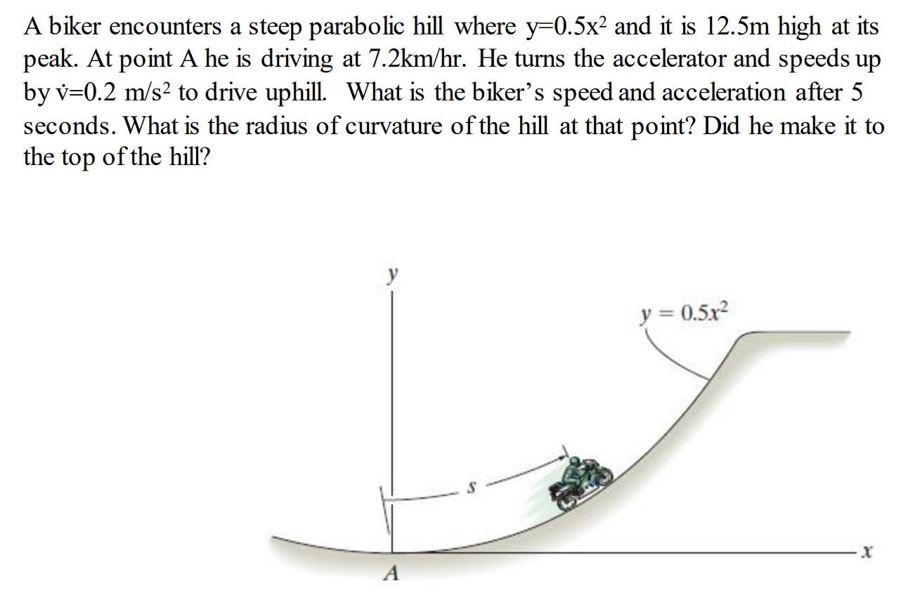 Solved A biker encounters a steep parabolic hill where | Chegg.com