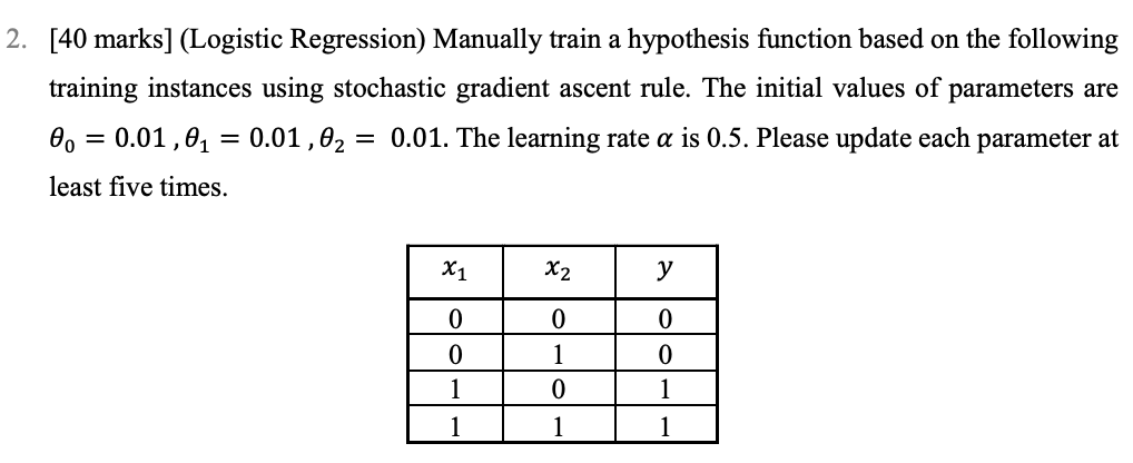 2. [40 marks] (Logistic Regression) Manually train a | Chegg.com