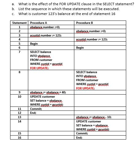 Solved a. What is the effect of the FOR UPDATE clause in the | Chegg.com