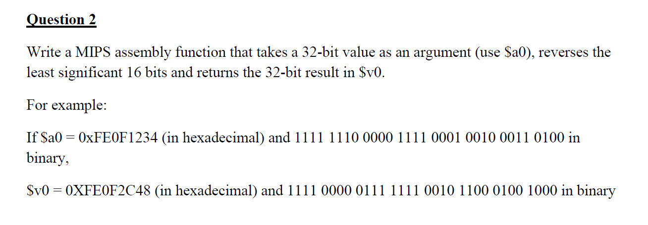 Solved Question 2 Write a MIPS assembly function that takes | Chegg.com