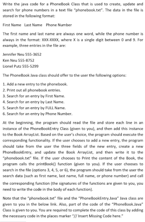 Solved Write the java code for a PhoneBook Class that is | Chegg.com