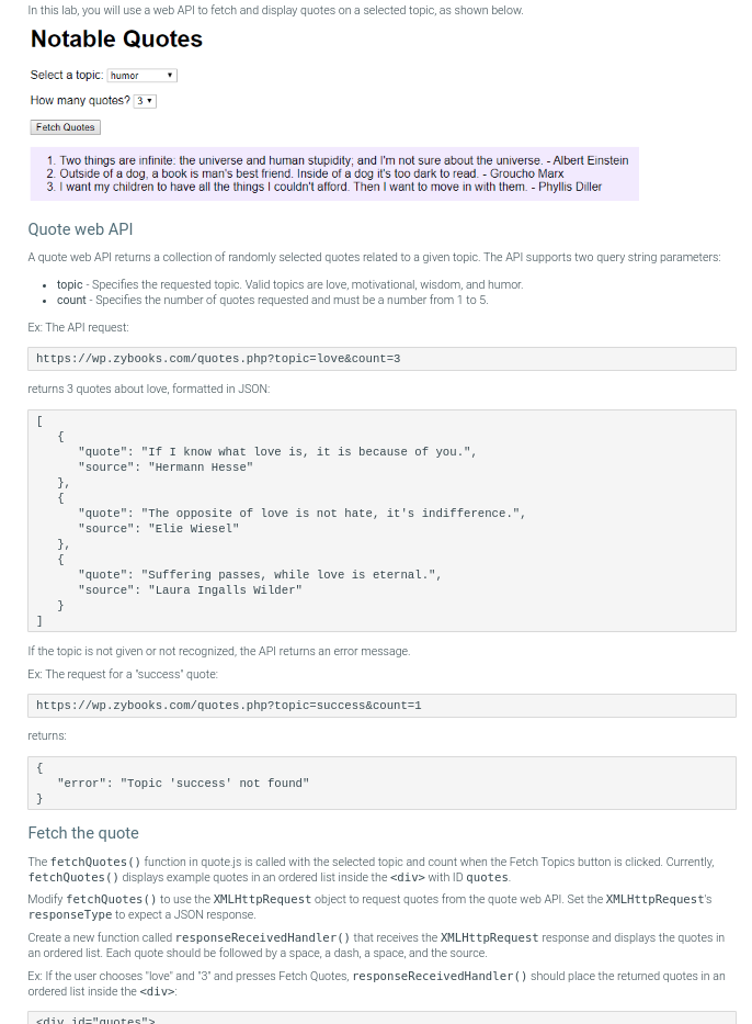 In This Lab You Will Use A Web API To Fetch And Display Quotes On A 