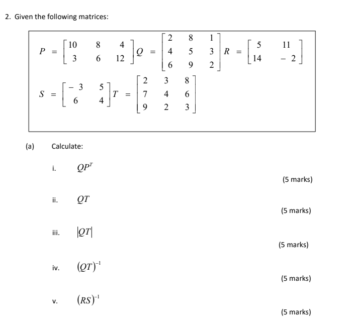 2. Given the following matrices: | Chegg.com
