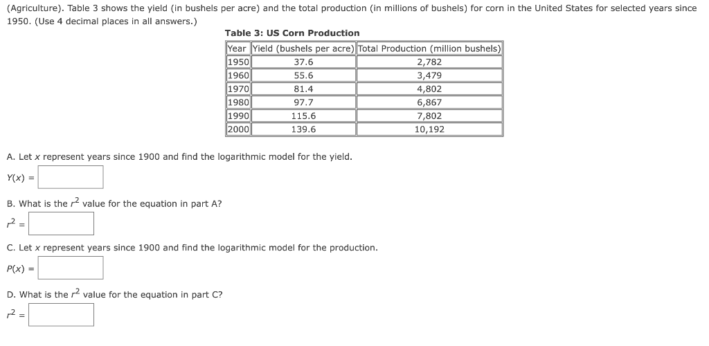 Solved (Agriculture). Table 3 shows the yield (in bushels | Chegg.com