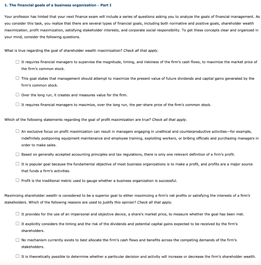 Solved 1 The Financial Goals Of A Business Organization Chegg