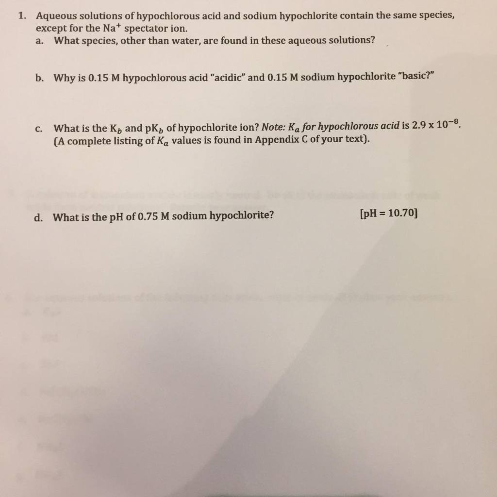 Solved Aqueous solutions of hypochlorous acid and sodium | Chegg.com