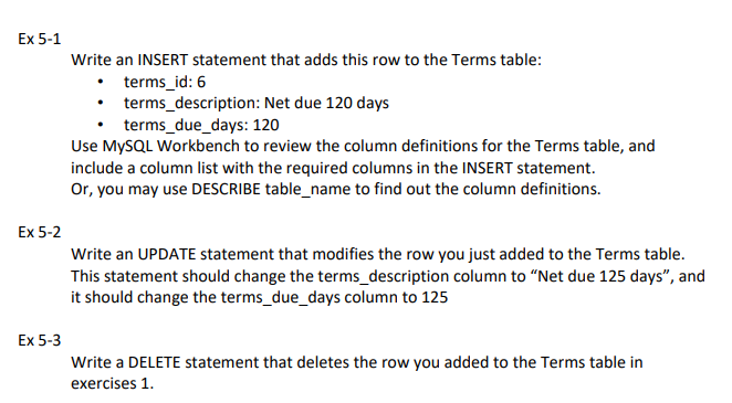 Solved Ex 5-1 Write an INSERT statement that adds this row | Chegg.com