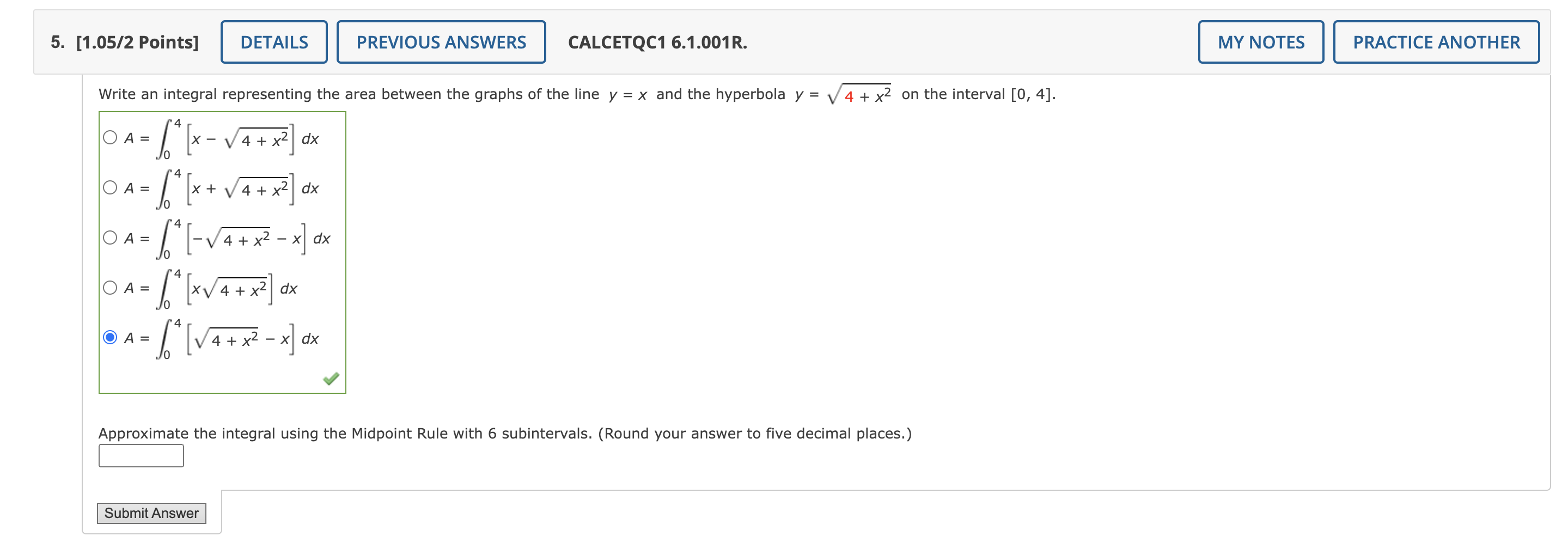 Solved Points]CALCETQC1 6.1.001R.Write an integral | Chegg.com