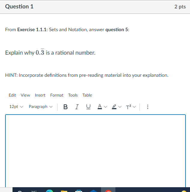 Solved Question 1 2 pts From Exercise 1.1.1: Sets and | Chegg.com