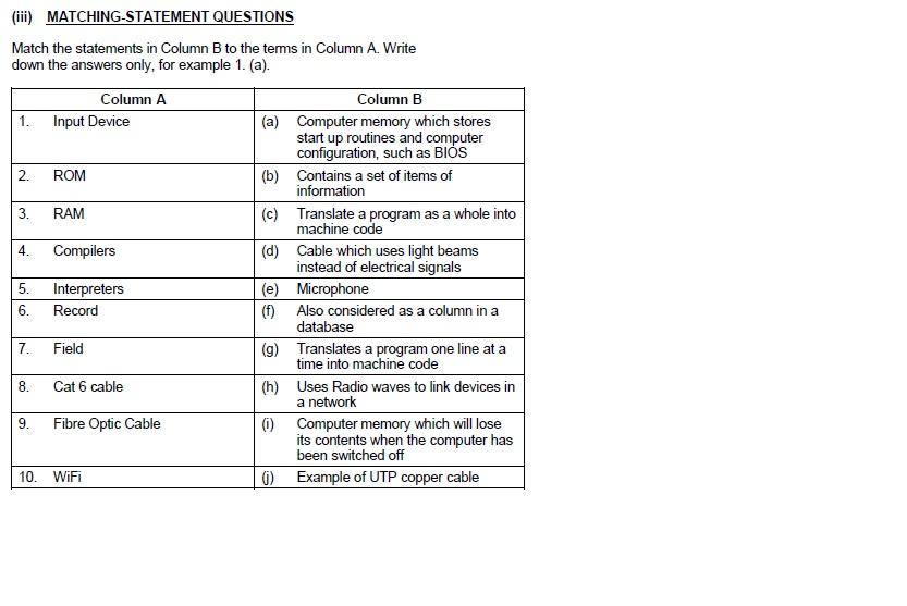 Solved (iii) MATCHING-STATEMENT QUESTIONS Match the | Chegg.com