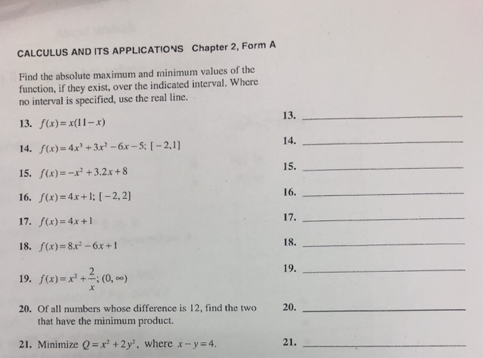 Solved CALCULUS AND ITS APPLICATIONS Chapter 2, Form A Find | Chegg.com
