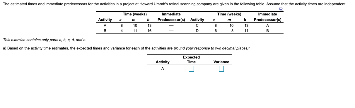 Solved The estimated times and immediate predecessors for | Chegg.com