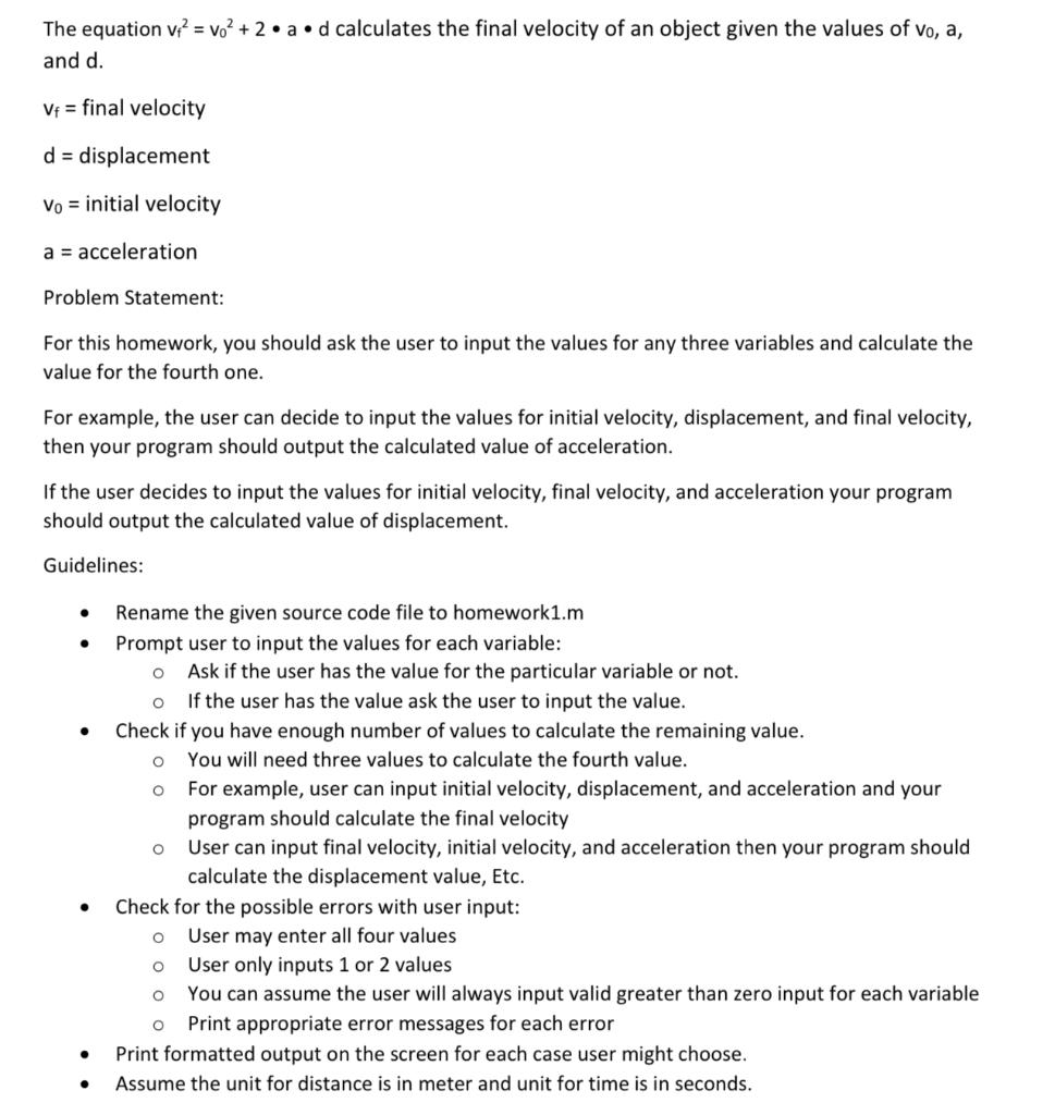 Solved The equation vil = vo? + 2. ad calculates the final | Chegg.com