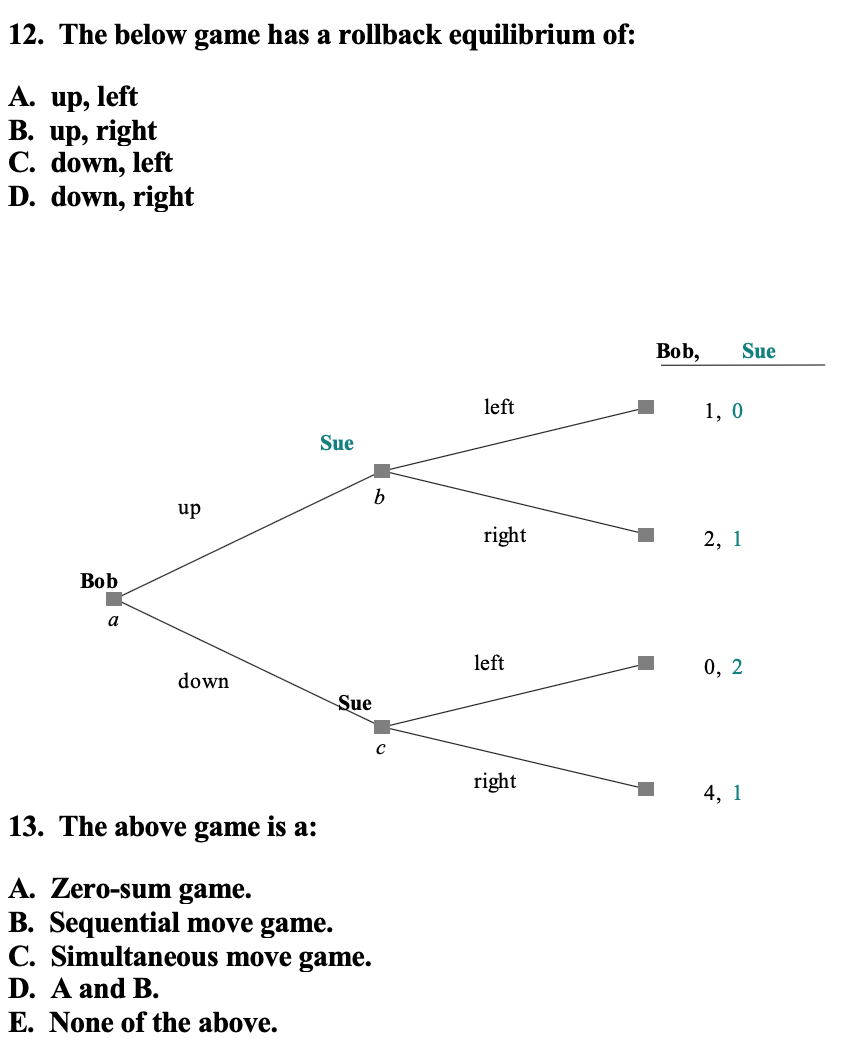Solved 12. The below game has a rollback equilibrium of: A. | Chegg.com