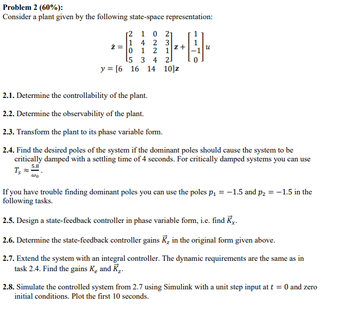 Solved Problem 2(60%) : Consider a plant given by the | Chegg.com