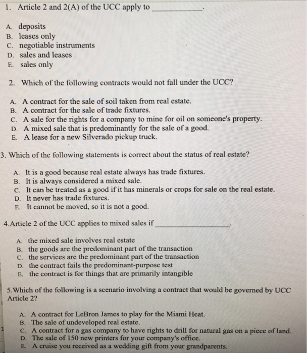 Solved Article 2 and 2(A) of the UCC apply to 1. A. deposits | Chegg.com