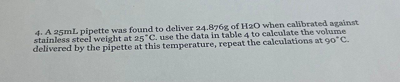 Solved 4. A 25 mL pipette was found to deliver 24.876 g of | Chegg.com