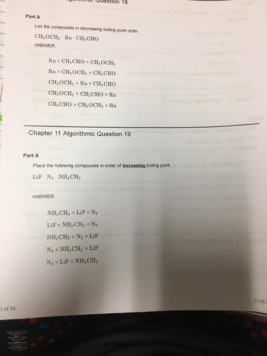 Solved List the compounds in decreasing boiling point order. | Chegg.com