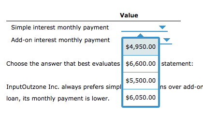 Solved Value Simple interest monthly payment Add-on interest | Chegg.com