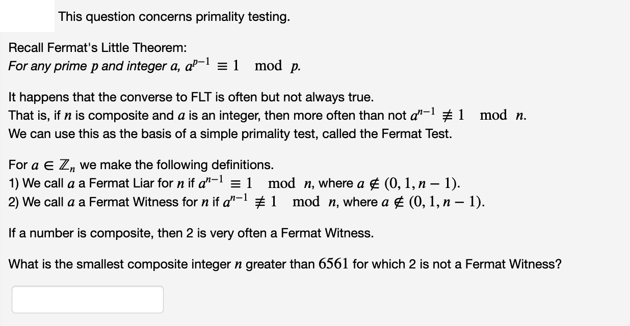 Solved This question concerns primality testing. Recall | Chegg.com