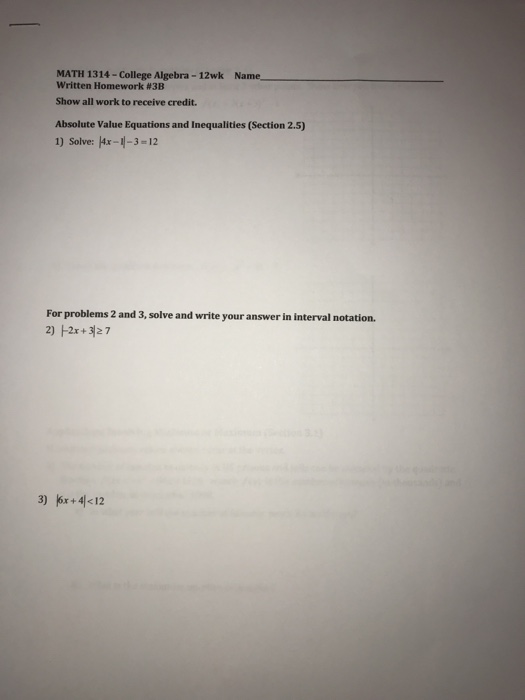 Solved MATH 1314-College Algebra-12wk Name written Homework | Chegg.com