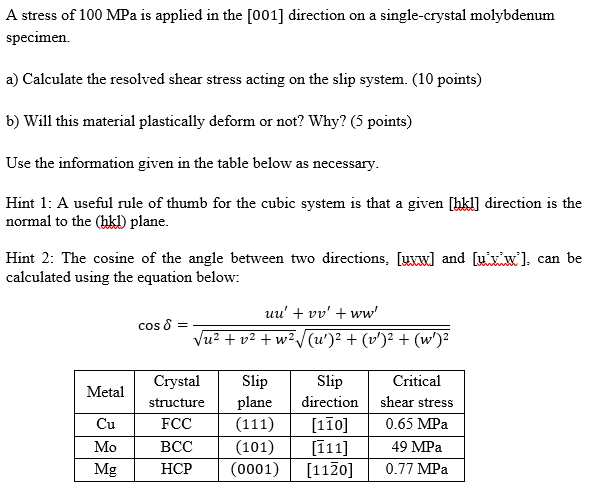 Solved A stress of 100 MPa is applied in the [001] direction | Chegg.com
