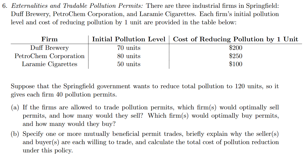 Solved Externalities and Tradable Pollution Permits: There | Chegg.com