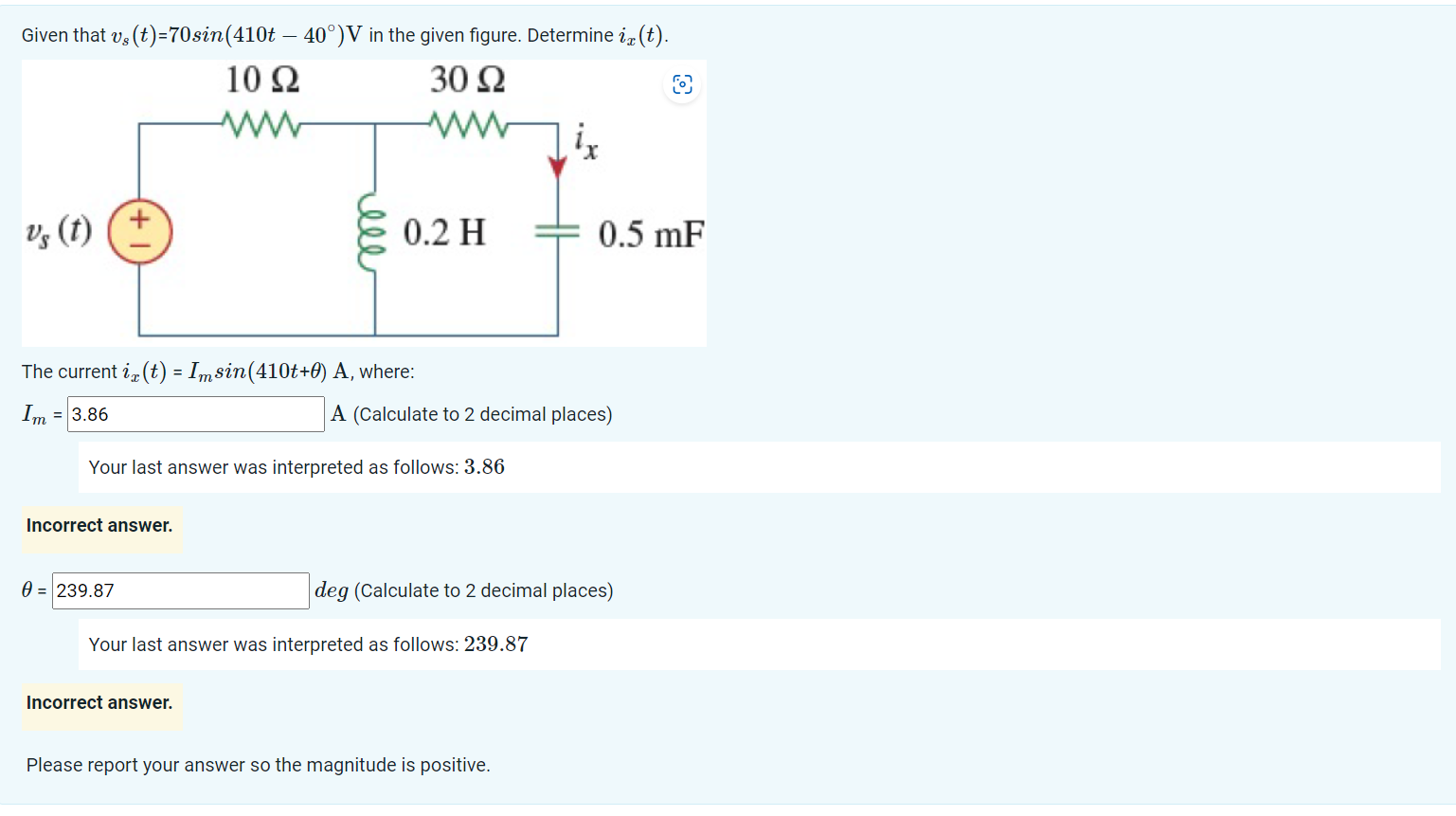 Solved Given that vs(t)=70sin(410t-40°)V ﻿in the given | Chegg.com