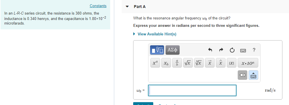 Solved Constants Part A In an L-R-C series circuit, the | Chegg.com