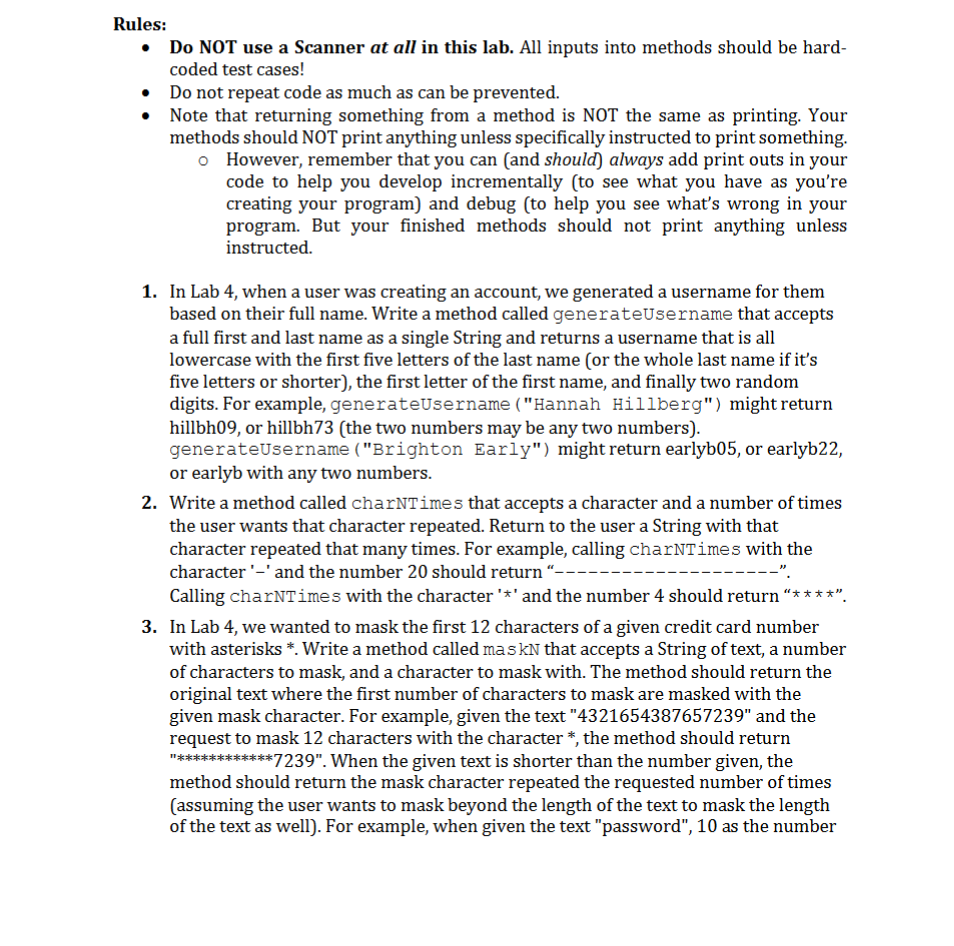 Solved Rules: - Do NOT use a Scanner at all in this lab. All | Chegg.com