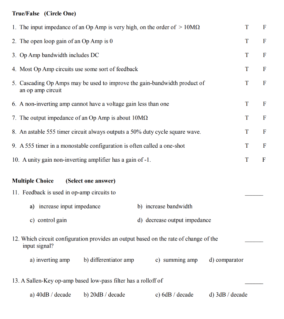 Solved True/False (Circle One) 1. The input impedance of an | Chegg.com
