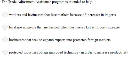 Solved The Trade Adjustment Assistance program is intended | Chegg.com