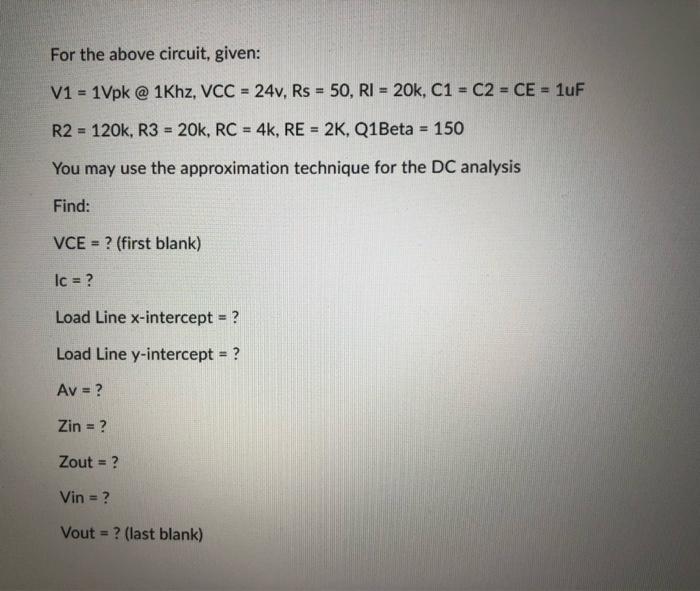 Solved Question 7 (30 points) VCC R2 RC w C2 Vout Q1 C1 Rs | Chegg.com