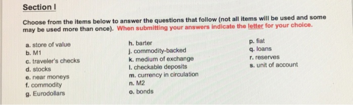 Solved Section I Choose from the items below to answer the | Chegg.com