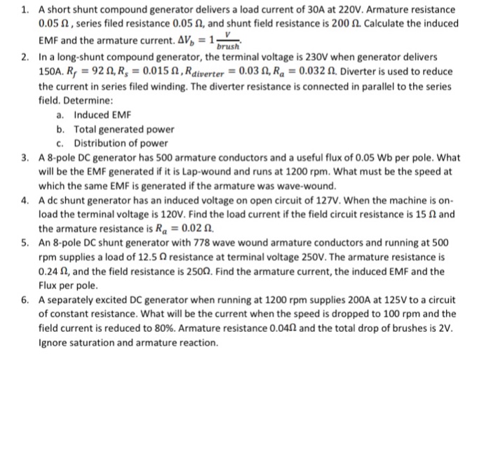 Solved 1. A short shunt compound generator delivers a load | Chegg.com