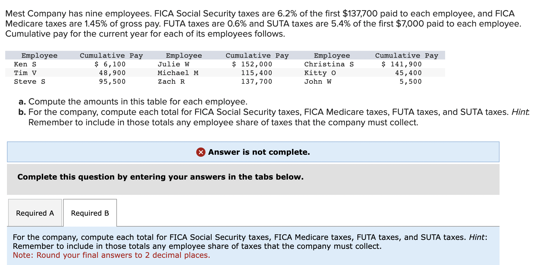 Mest Company has nine employees. FICA Social Security | Chegg.com