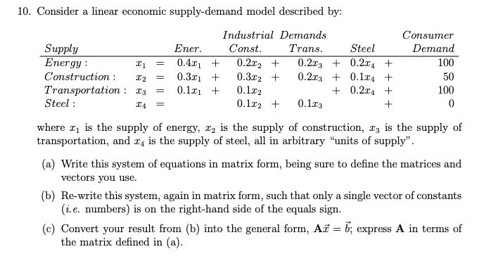 Solved 10. Consider a linear economic supply-demand model | Chegg.com
