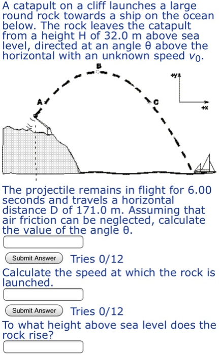 Solved A catapult on a cliff launches a large round rock | Chegg.com