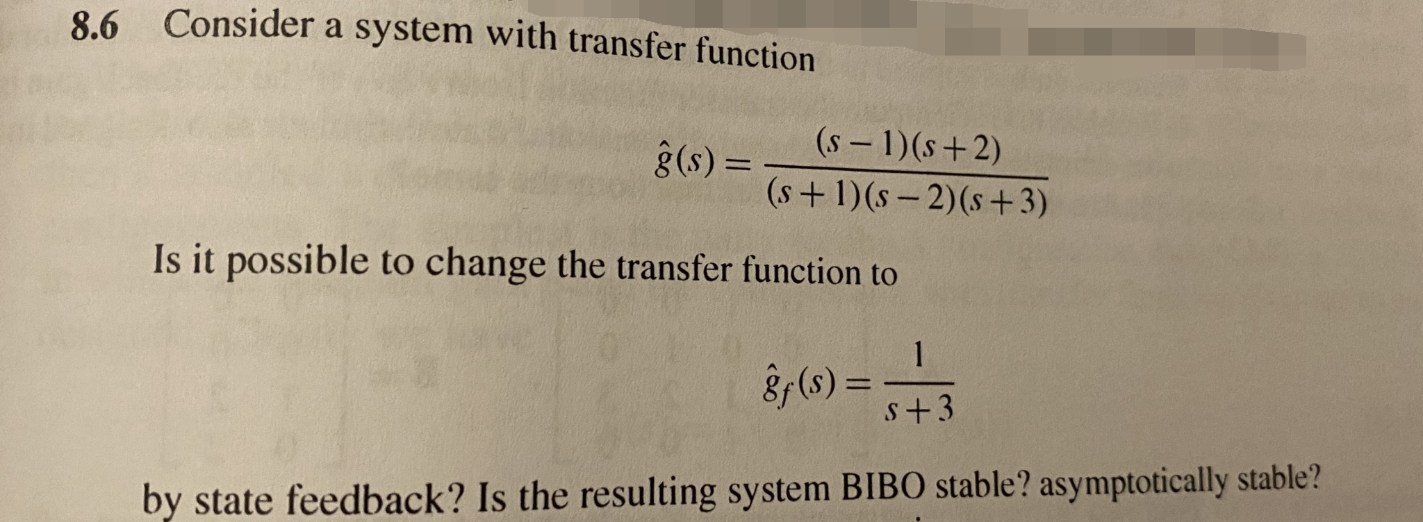 Solved 8.6 Consider a system with transfer function ĝ(s) = _ | Chegg.com