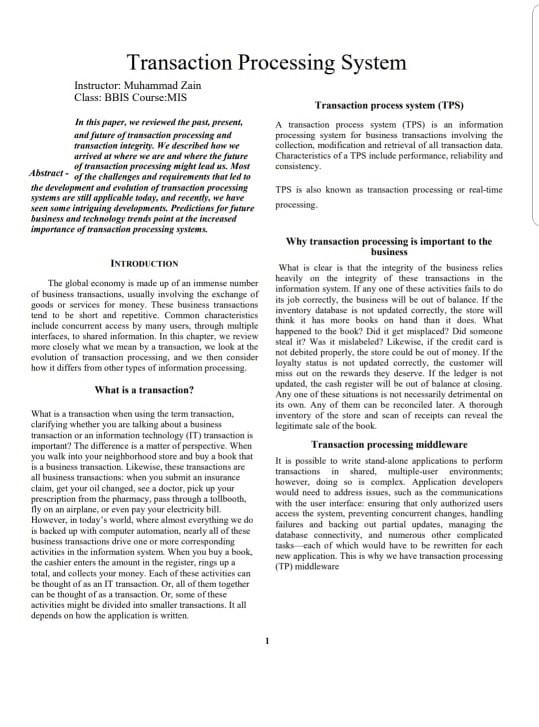 Solved Transaction Processing System Instructor: Muhammad | Chegg.com