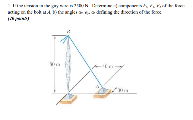 Solved 1. If the tension in the guy wire is 2500 N. | Chegg.com