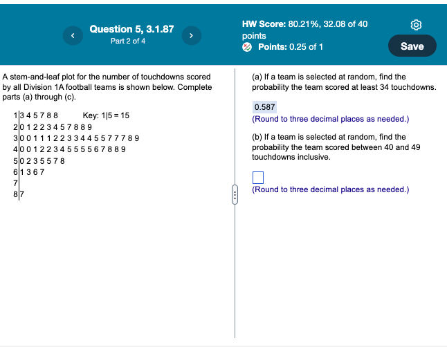 Solved A stem-and-leaf plot for the number of touchdowns | Chegg.com