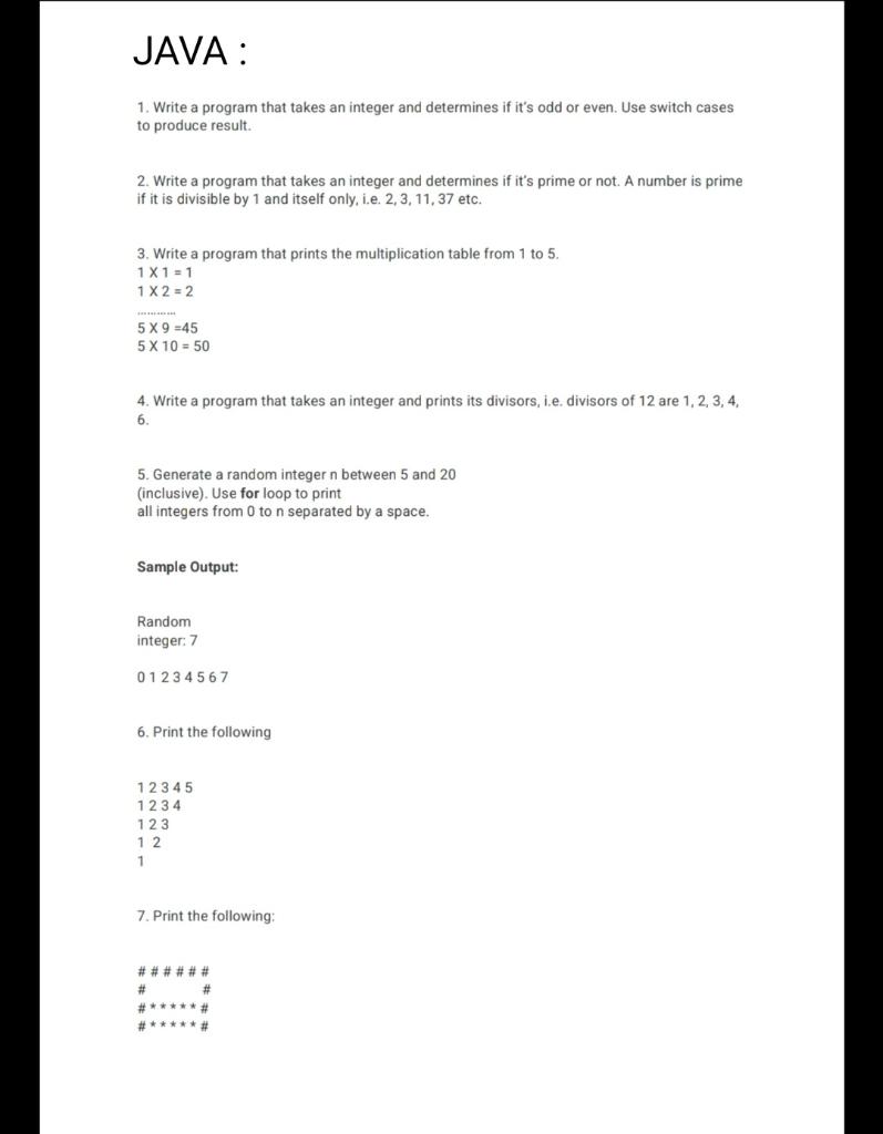 Solved JAVA: 1. Write a program that takes an integer and | Chegg.com