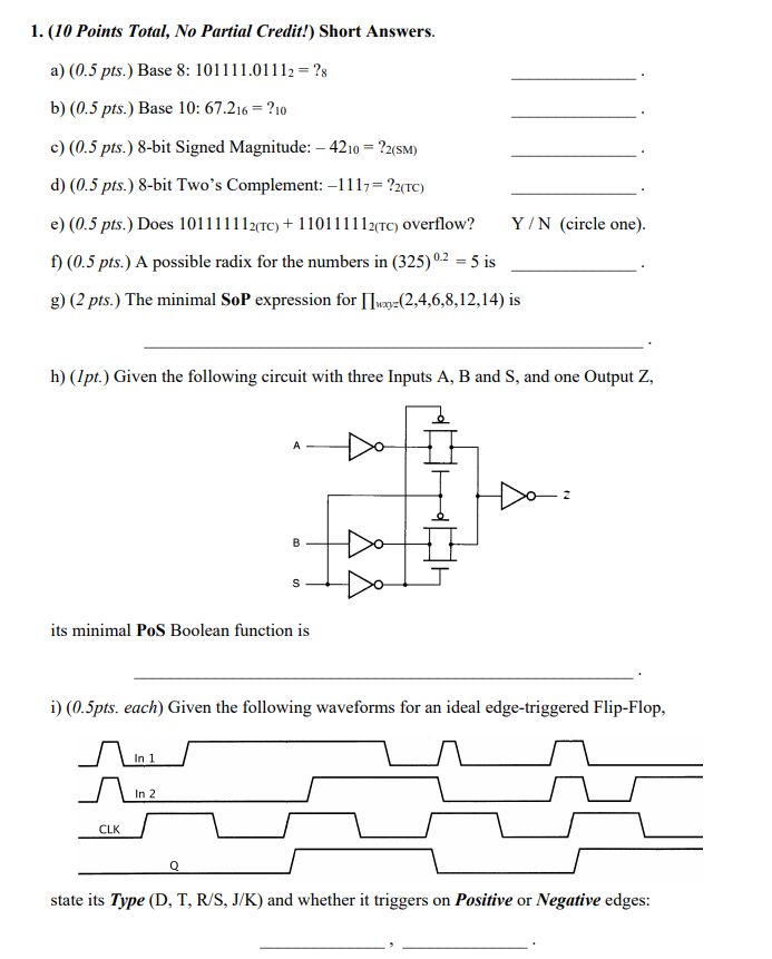 Solved 1. (10 Points Total, No Partial Credit!) Short | Chegg.com