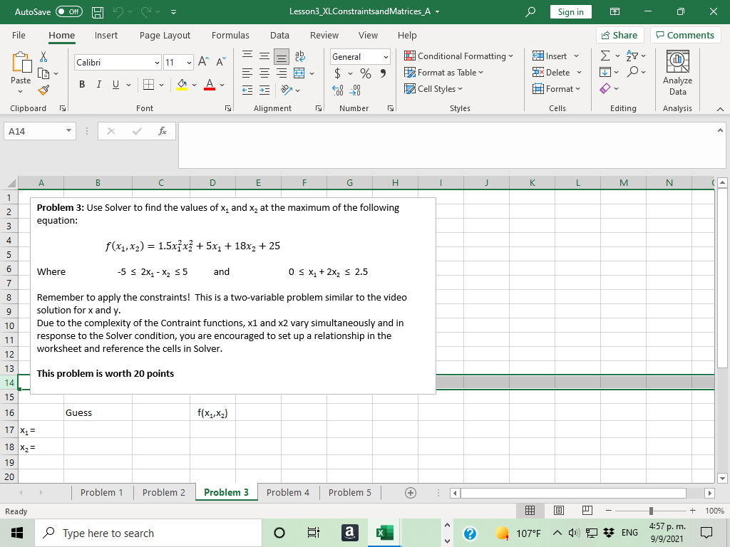 AutoSave Off ob Cr Lesson3_XLConstraintsandMatrices_A | Chegg.com