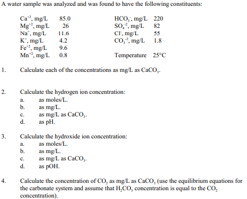 Solved A water sample was analyzed and was found to have the | Chegg.com