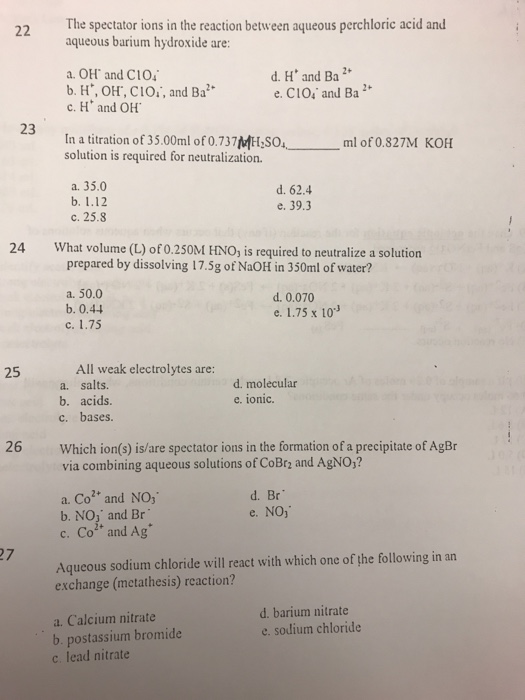 Solved 22 The spectator ions in the reaction between aqueous | Chegg.com