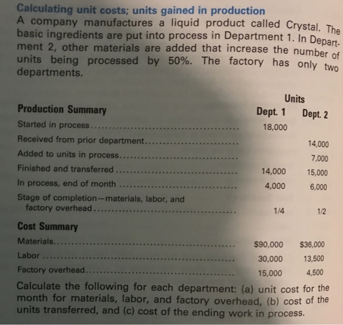 Calculating unit costs; units gained in production A | Chegg.com